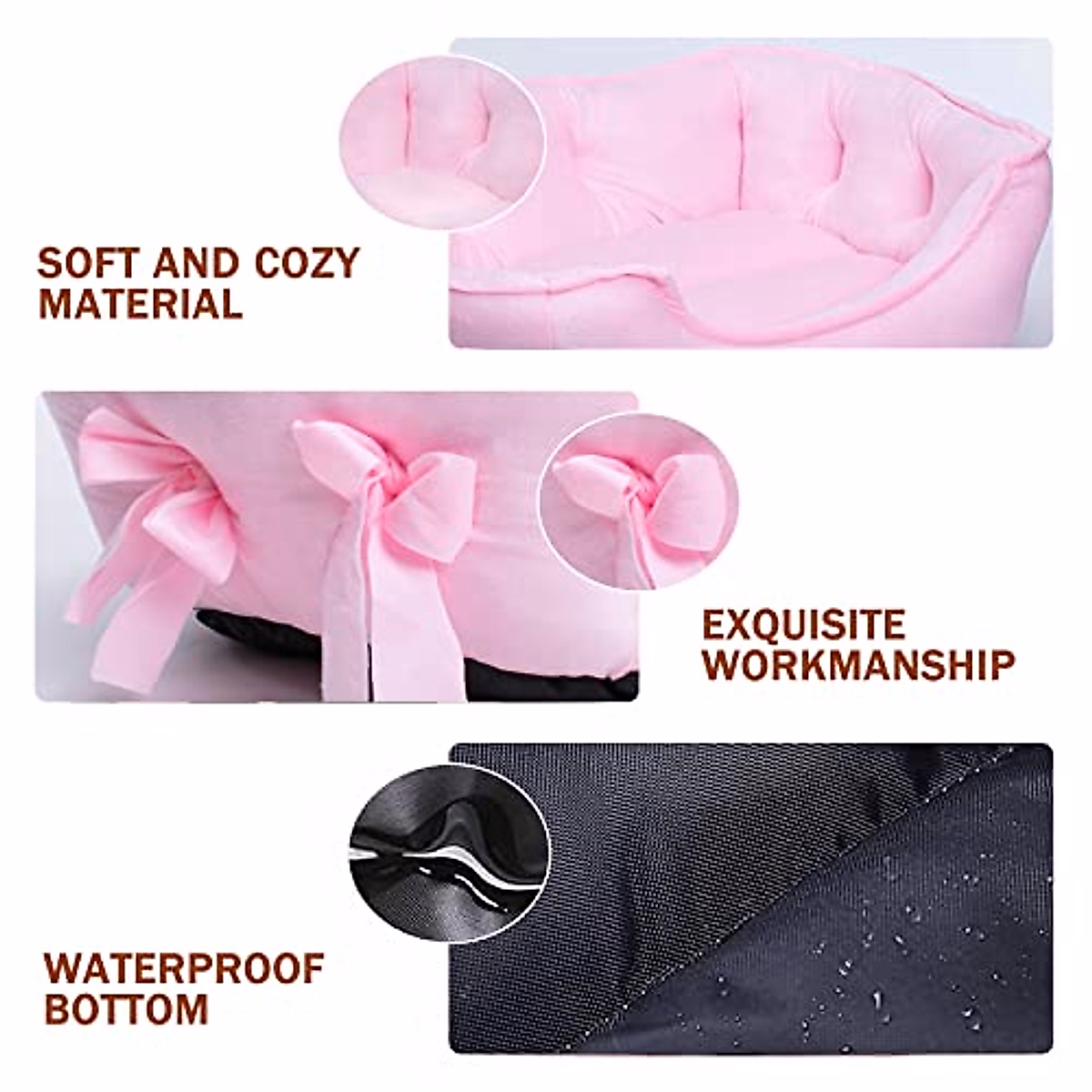 pawstrip Cute Princess Dog Bed, Soft Breathable Bowknot Pet Cat Cushion for Small Dogs, Waterproof Bottom, Self-Warming, Machine Washable (Pink)