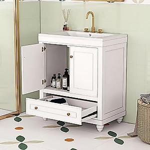 Bellemave 30" Bathroom Vanity with Ceramic Basin Sink, Combo Cabinet Under-Mount Sink, Bathroom Storage Cabinet with 2 Doors and 1 Long Drawer for Bathroom No Mirror (White)