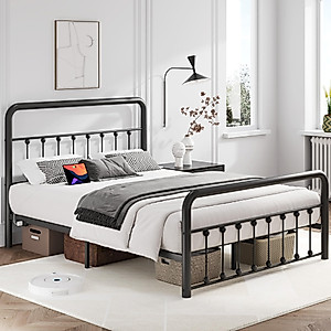 Fluest Queen Bed Frame with Headboard & Footboard, Bed Frame with Charging Station & LED, Metal Platform, Under Bed Storage, No Box Spring Needed, Noise Free, Easy Assembly, Black