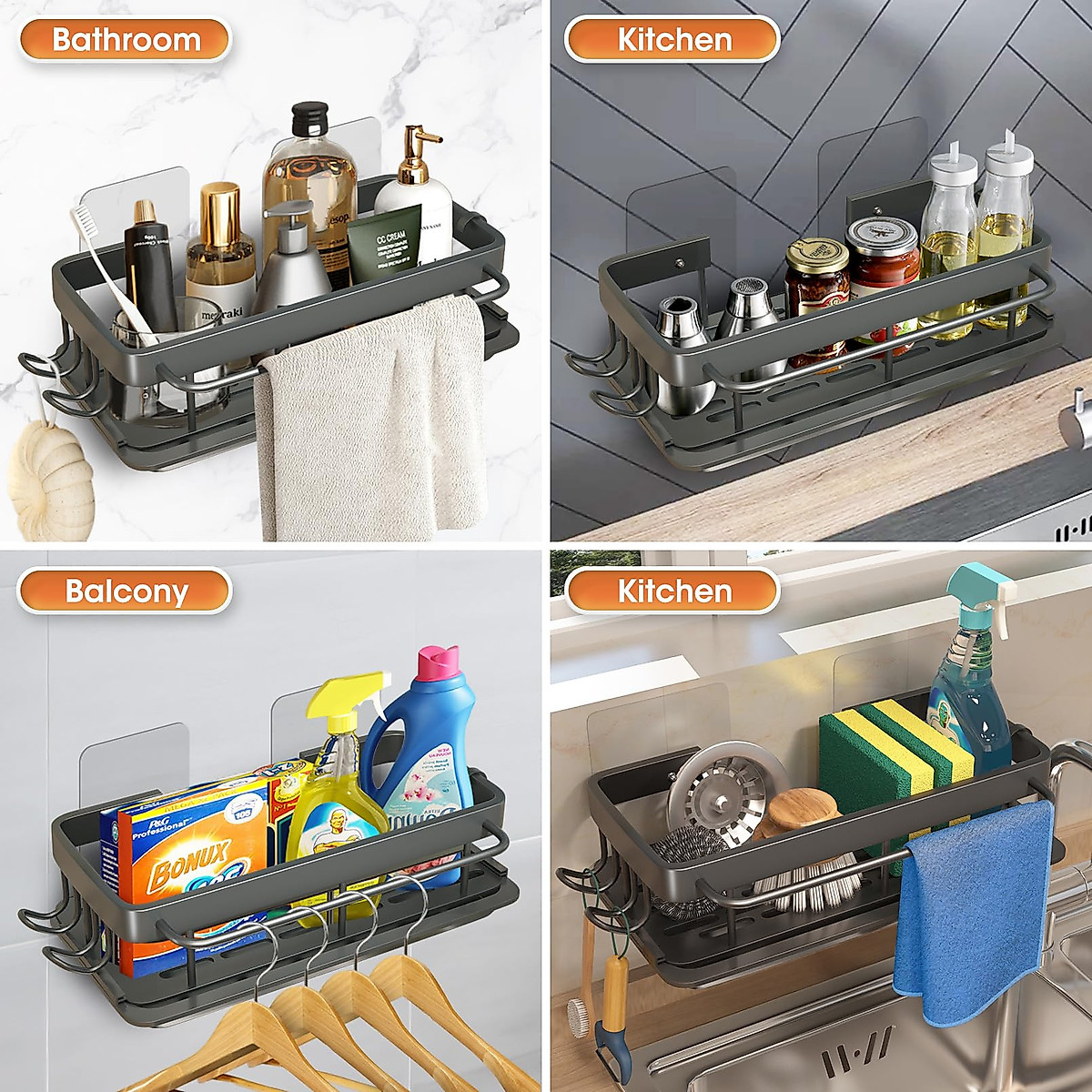 Black Adhesive Sink Caddy Sponge Holder for Kitchen Sink, Space-Saving Kitchen Sink Caddy with Auto Drain Tray and Towel Holder, Kitchen Sink Organizers for Sponge, Brush, Sink Stopper and Scraper