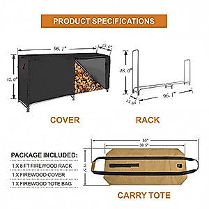 Emalie 8ft Outdoor Indoor Firewood Log Rack with Waterproof Cover and Log Carrier Tote Bag, Heavy-Duty Fire Wood Storage, High Capacity Log Holder Stand for Fireplace Easy Assemble | Black