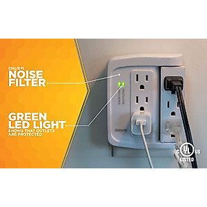 Woods 41423 Space-Saving Power Adapter Surge Protector with 6 Outlets in Which 90° for 1440J of Protection, White