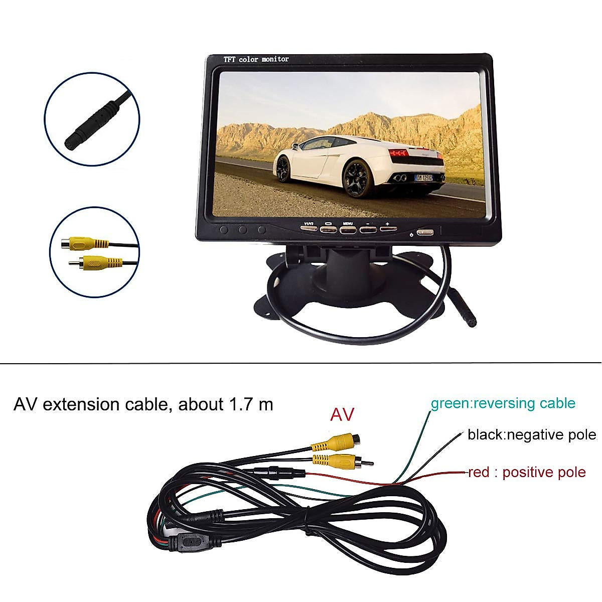 Vehicle On-Dash Backup Monitor, 7" Digital HD Car TFT LCD Color Screen Display with 2 Video Input for Rear View Camera(800x 480)