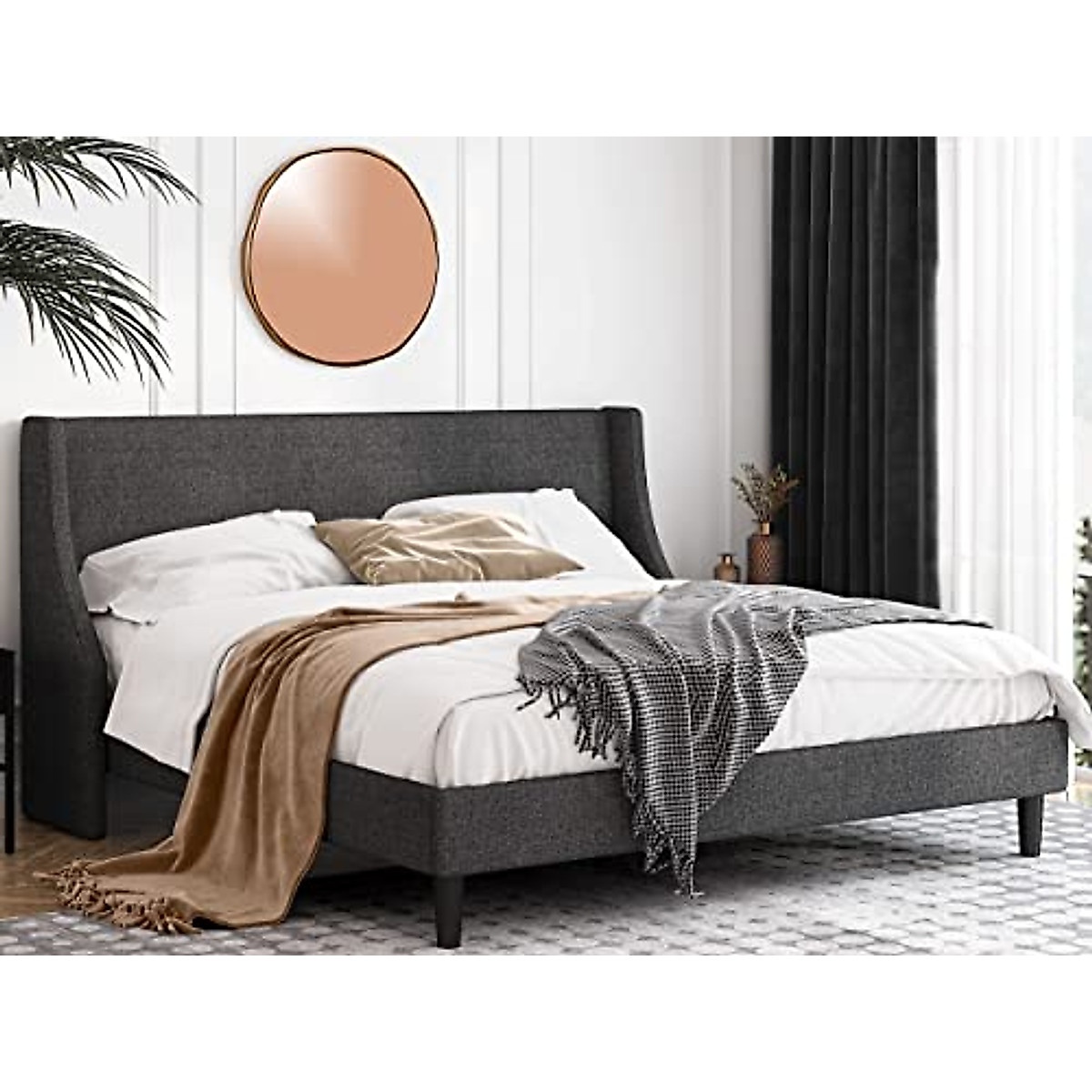 Einfach King Size Platform Bed Frame with Wingback Headboard/Fabric Upholstered Mattress Foundation with Wooden Slat Support, Dark Grey