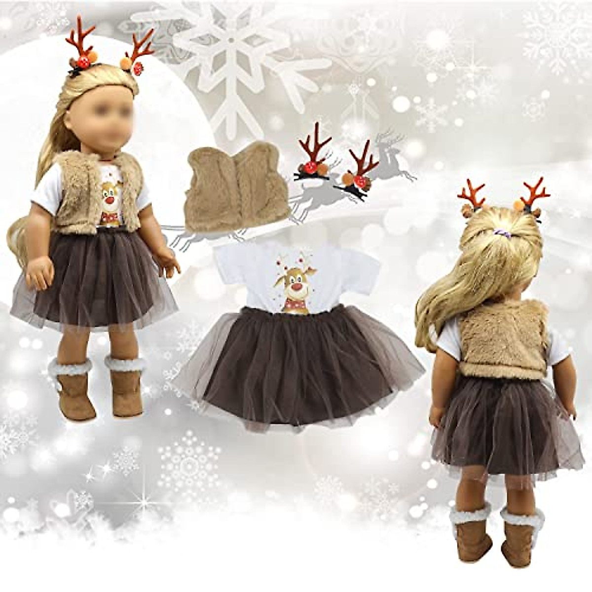 Dciki Christmas Doll Dress Clothes,Handmade Outfits Accessories Include Elk Antlers and Hat for 18 Inch American Doll Girls,Christmas Birthday Gift for Kids. (18 Inch-4set)