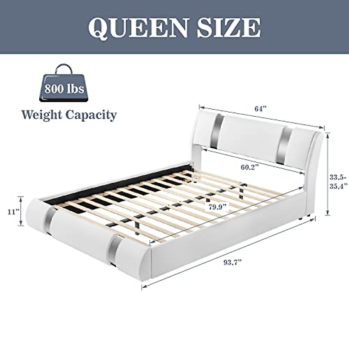 Allewie Queen Size Platform Bed Frame with Iron Piece Decor, Faux Leather Upholstered Bed with Curved Adjustable Headboard, Wooden Slats Support, No Box Spring Needed, Modern Style, White