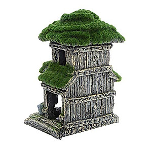 Saim Aquarium Decorations Fish Hideout Ancient Lovely Little House Betta Cave with Green Lifelike Moss Fish Tank Accessories