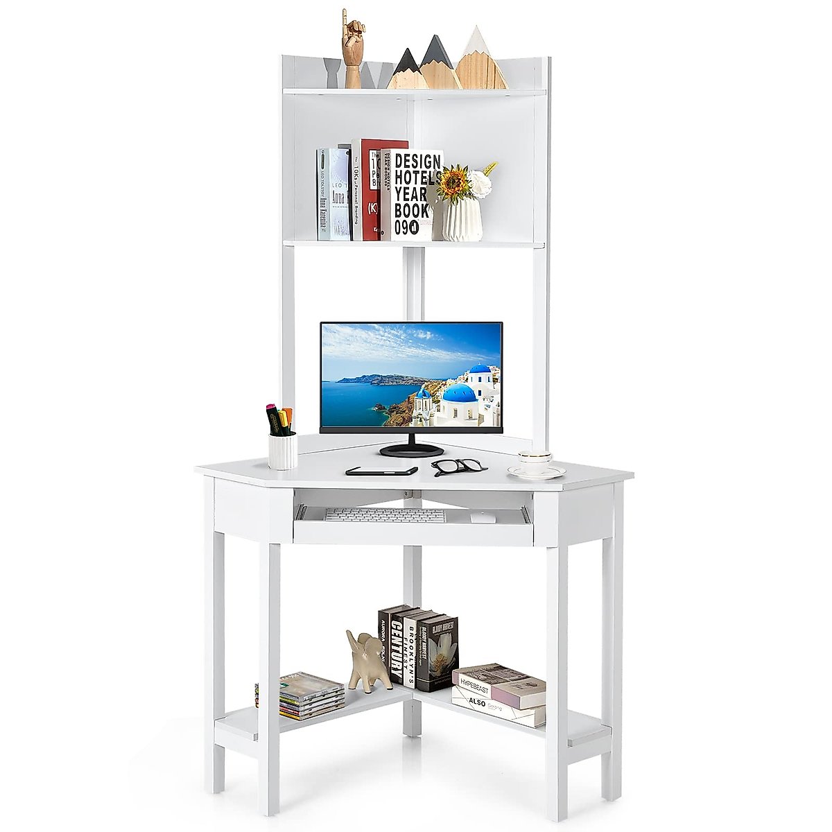 COSTWAY Corner Desk with Hutch, Compact Corner Computer Desk, Study and Writing Table with Keyboard Tray & Bottom Shelves, Space-saving Laptop PC Desk for Small Space, Home, Bedroom, Apartment (White)