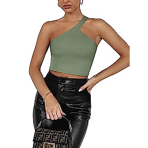REORIA Summer Sexy Casual One Shoulder Double Lined Seamless Backless Sleeveless Cropped Tank Going Out Trendy Cute Crop Tops Dark Green Medium