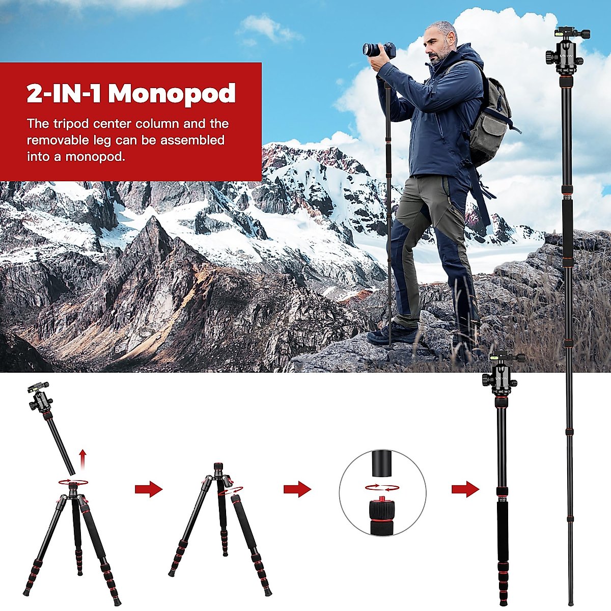 Tripod for Camera, 80“ Heavy Duty Camera Stand Tripod, Professional Ball Head Tripod Stand with Twist Locks, Aluminum Tripod Stand for DSLR Camera Spotting Scope, Video Camera Tripods & Monopods