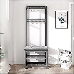 Entryway Bench with Coat Rack,3-in-1 Hall Tree Storage Bench,Coat Rack Shoe Bench with Hooks,Shoe Rack,Velvet Cushion,Easy to Assemble, Black, 24inch