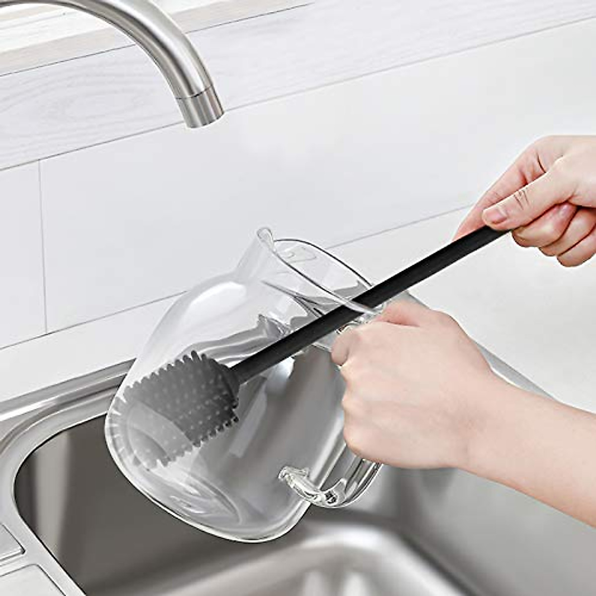 KUFUNG Silicone Bottle Brush, Long Handle Flexible Cleaner Brush for Water Bottles, Glasswares, Mugs, Hydro Flask, Vase and Glassware Brush for Narrow Neck Containers (Black)