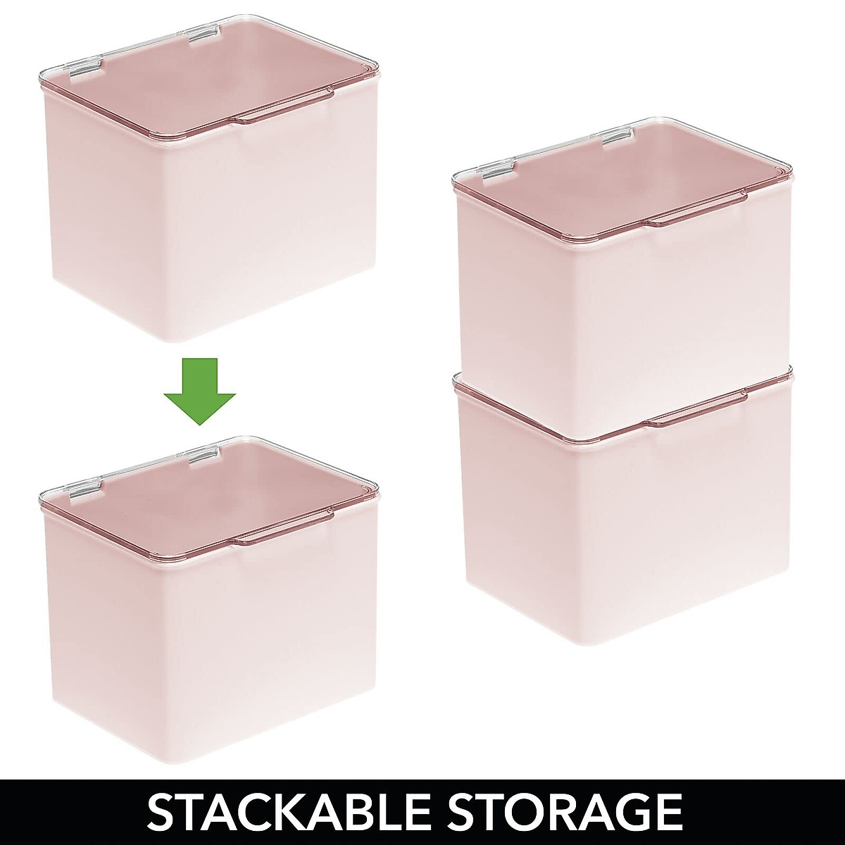 mDesign Plastic Stackable Storage Organizer Toy Box with Lid for Action Figures, Crayons, Markers, Building Blocks, Puzzles, Craft or School Supplies - Pack of 4, Includes 32 Labels - Light Pink/Clear