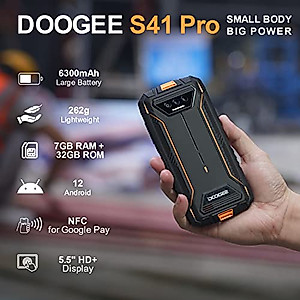 DOOGEE Rugged Phone 2023, S41 PRO, NFC 6300mAh Battery 4G Dual Sim Rugged Phones Android 12, 7GB+32GB SD 1TB, 5.5" HD Screen, IP68 Waterproof Outdoor Military Grade Cell Phone, GPS
