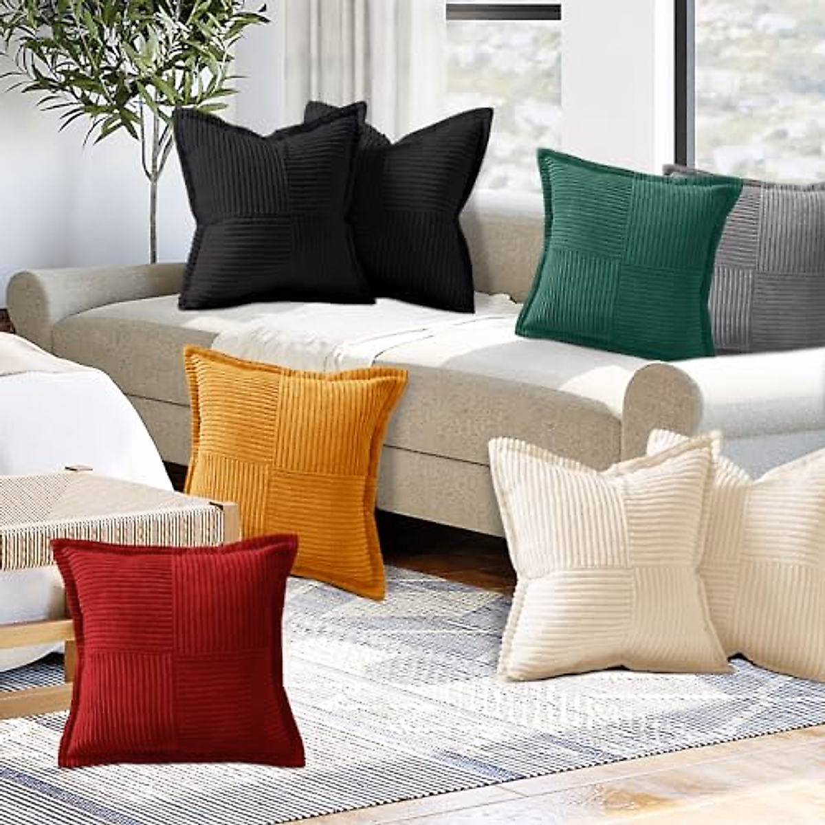 PENUFILO Black Corduroy Pillow Covers 18X18 Set of 2, Fall Soft Solid Striped Throw Pillow Covers for Living Room Couch Bed Sofa Home Decor Patchwork Textured Square Decorative Cushion Case