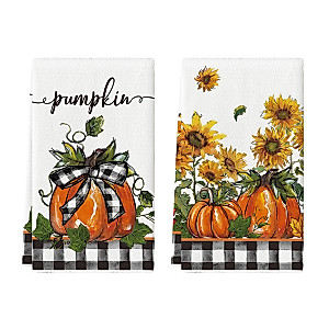 Artoid Mode Buffalo Plaid Bowknot Pumpkin Fall Kitchen Towels Dish Towels, 18x26 Inch Farmhouse Sunflower Thanksgiving Decoration Hand Towels Set of 2