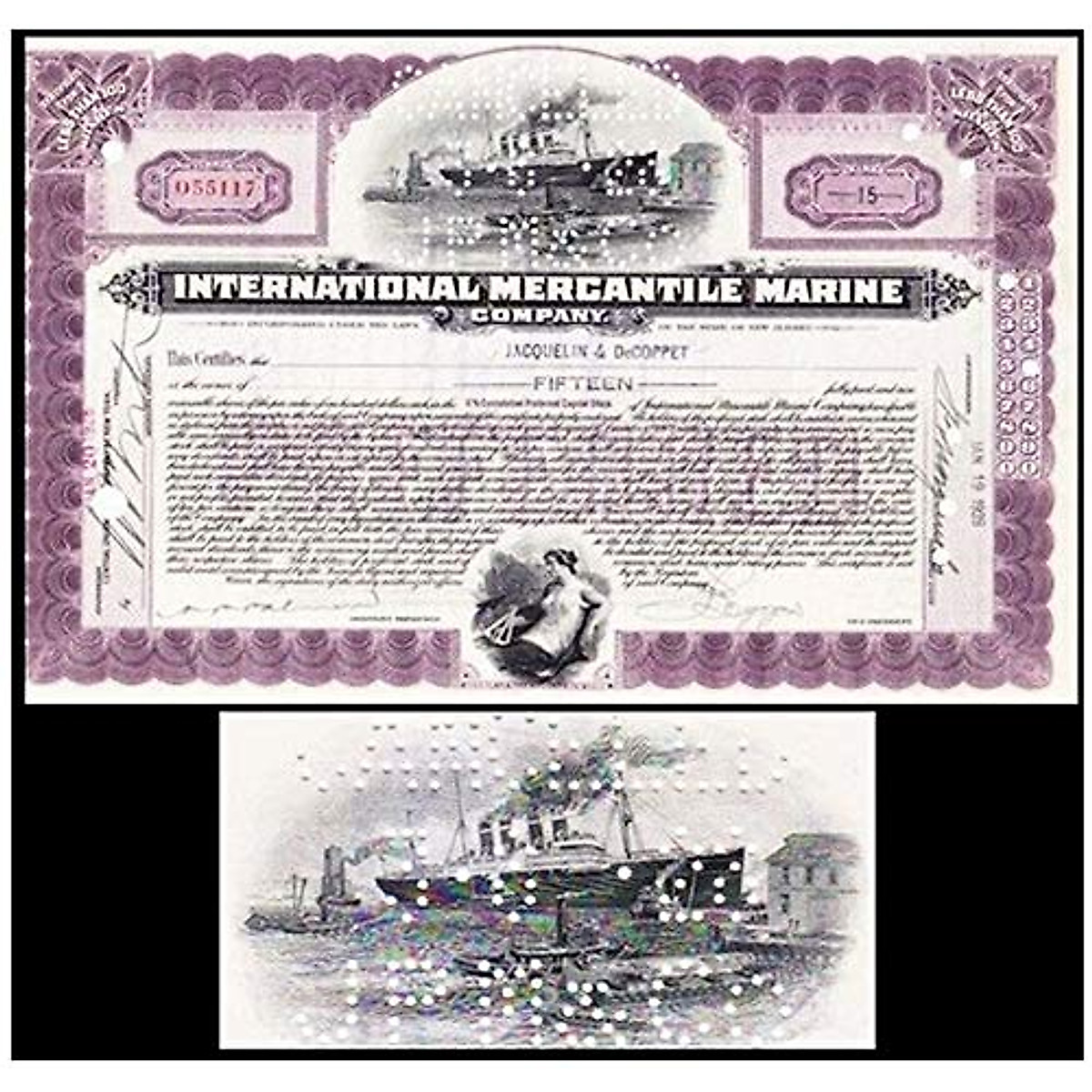 1918 SCARCE ORIGINAL TITANIC STOCK CERTIFICATE ENGRAVED IN 1902! HAND SIGNED! LAST OF THE LAVENDERS! Various Share Amounts EXTREMELY FINE