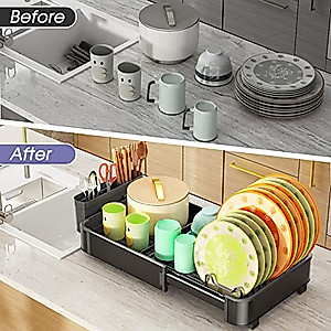 Aluminium Dish Drying Rack, Expandable(14.9"-22.2") Dish Racks for Kitchen Counter with Drying Mat, Rustproof Large Dish Drainers and Drainboard Set with Cutlery & Cup Holders for Various Kitchenware