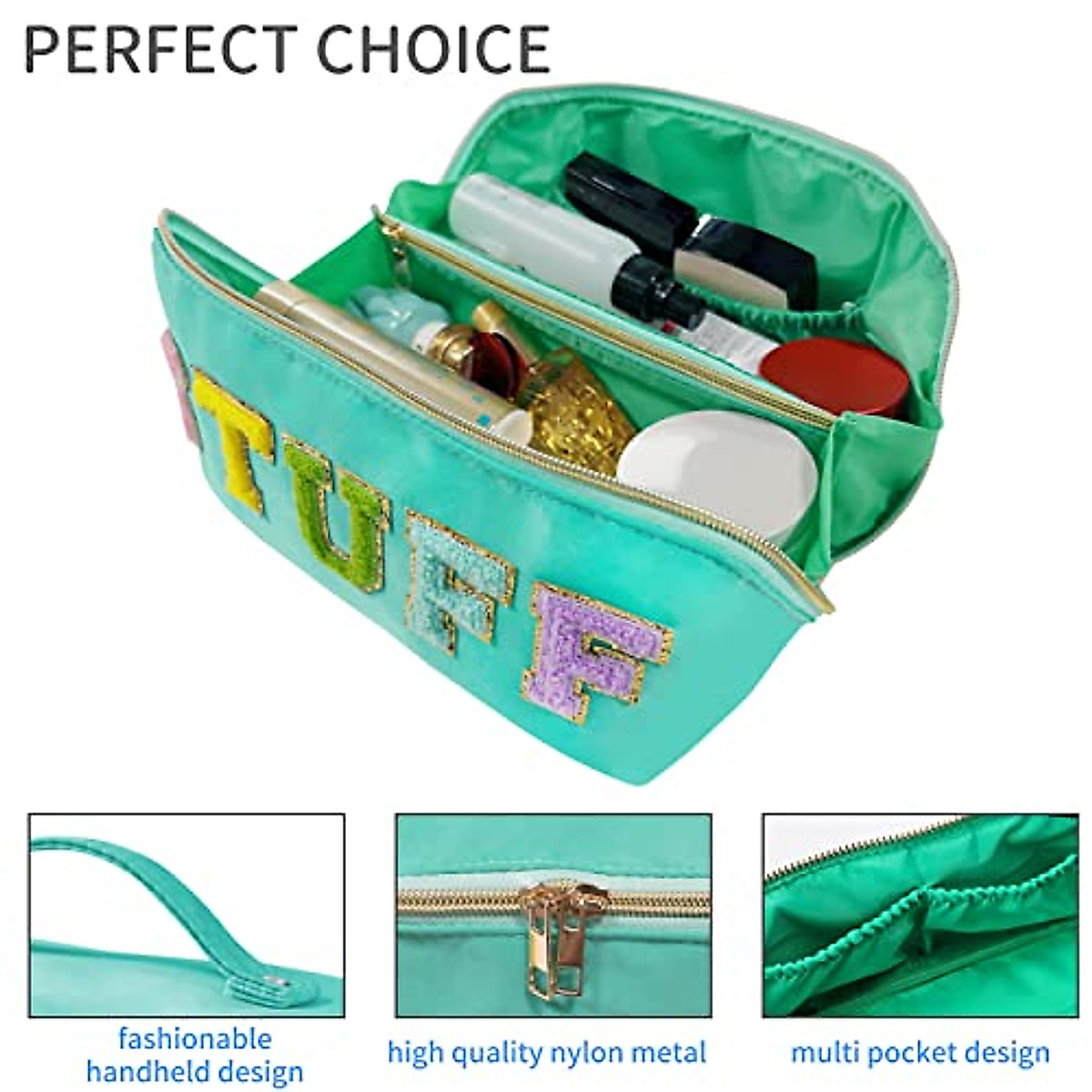 Huifen Stoney Clover Dupes Preppy Makeup Bag, Travel Cosmetic Bag Stuff Bag Chenille Letter Bag Large Capacity Nylon Bags Wide Open Falt Toiletry Bag Make up Organizer for Women Girls (Green)