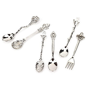 Fdit 6Pcs/Set Vintage Carved Coffee Spoon Teaspoon Retro Zinc Alloy Dessert Coffee Tableware Spoons Cutlery Kitchen(Silver)