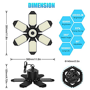 Linkable LED Shop Light with 6 Deformable Panels, 20000LM 6500K Plug in Garage Ceiling Lights, Hanging LED Lights for Garage/Warehouse/Barn/Basement - 9.84ft Power Cord with On/Off Switch and US Plug