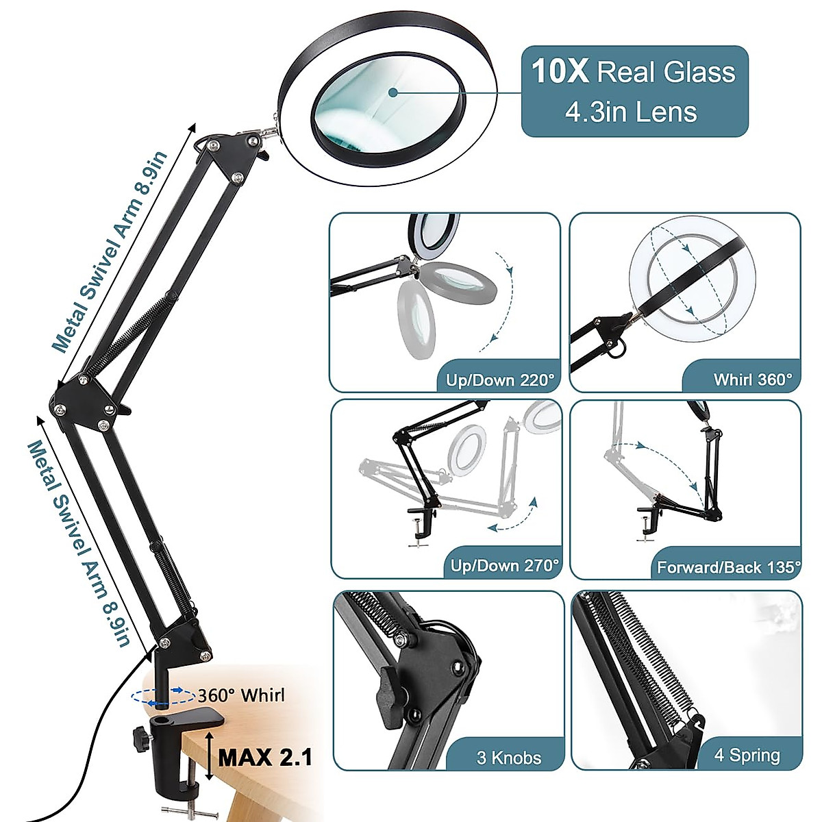 10X Magnifying Glass with Light and Clamp, Veemagni 3 Color Modes Stepless Dimmable Real Glass LED Lighted Magnifier, Adjustable Swing Arm Desk Lamp Hands Free for Close Works Crafts Repairing Sewing