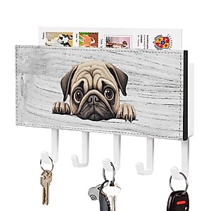 Pug Key Holder for Wall, Dog Mom Gift Mail Holder and Key Rack for Entryway,Rustic Key Hangers with 5 Hooks, Wall Mount for Entryway, Mudroom, Hallway
