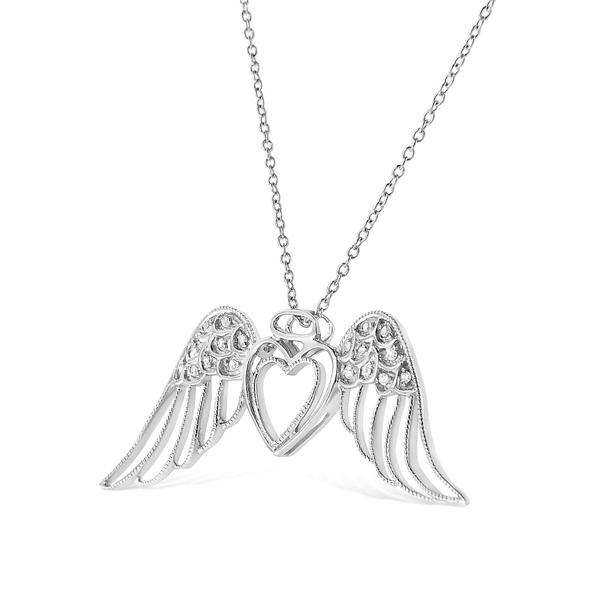 Haus of Brilliance .925 Sterling Silver Pave-Set Diamond Accent Angel Wing 18" Double Heart Pendant Necklace (I-J Color, I1-I2 Clarity)