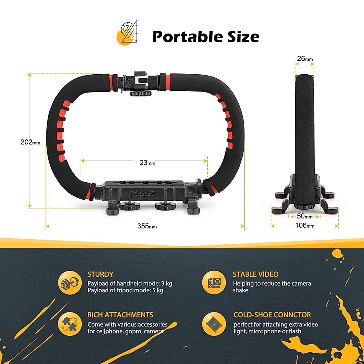 Zeadio Camera Smartphone Stabilizer, Foldable Handle Grip Handheld Video Rig, Compatibility with All Camera, Camcorder, Action Camera, DSLR and All iPhone and Android Smartphones