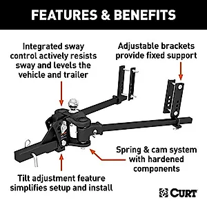 CURT 17500 TruTrack Weight Distribution Hitch with Sway Control, Up to 10K, 2-In Shank, 2-5/16-Inch Ball, Black