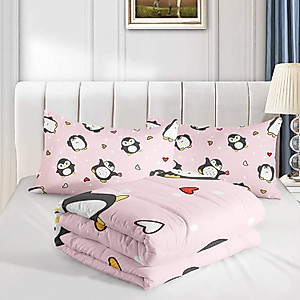 CVHOUSE Cartoon Penguin Bedding Set Twin Cute Animal Pattern Kids Teen Comforter Set 3 Pieces with 1 Comforter + 2 Pillow Cases Decor Comforter Set Cute Penguin Animal Pattern