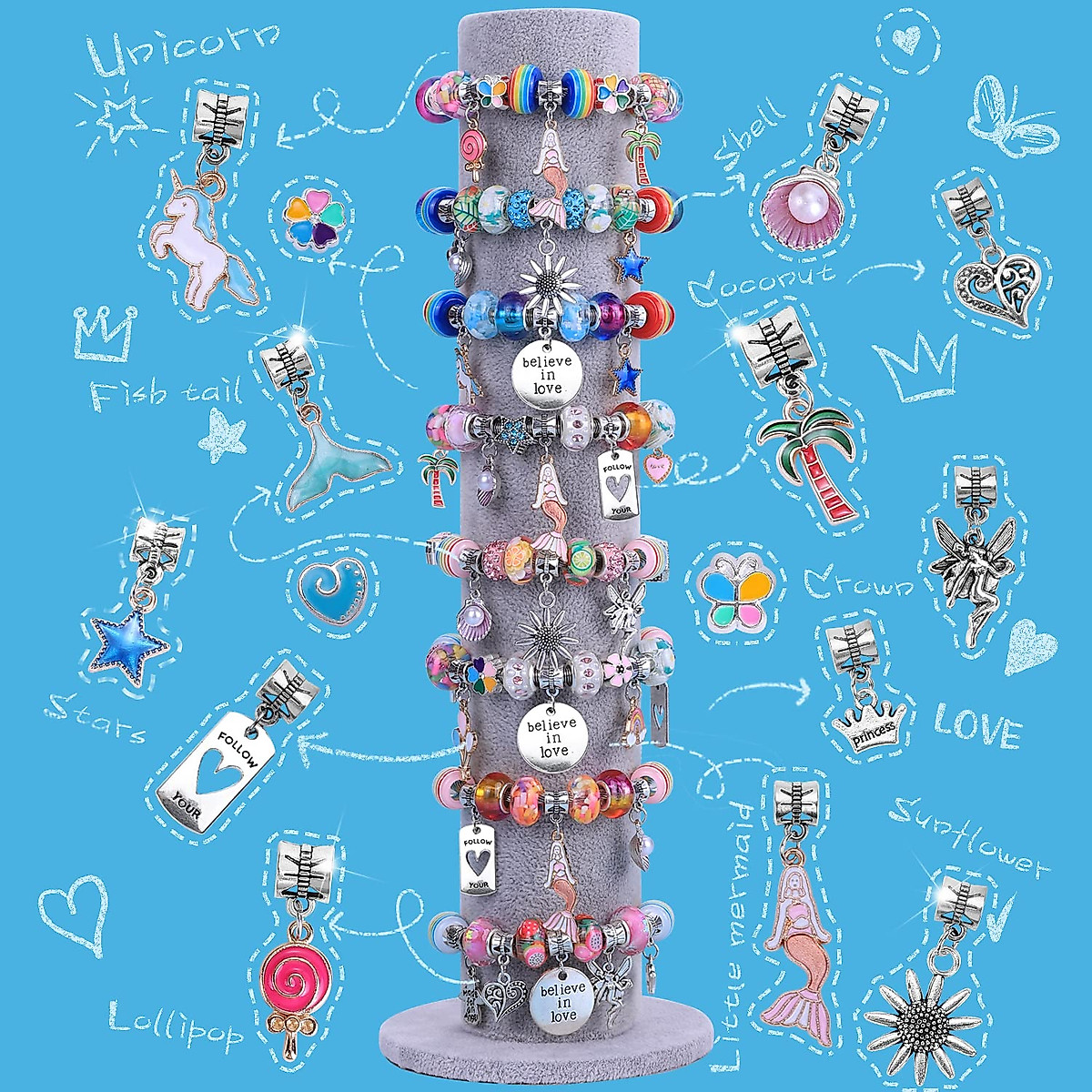 AIPRIDY Charm Bracelet Making Kit,Unicorn Mermaid Crafts Gifts Set Can Inspires Imagination and Creativity,Jewelry Making Kit Perfect Gifts for Girls 5-12 Years Old(72 Pieces Mermaid Aqua)