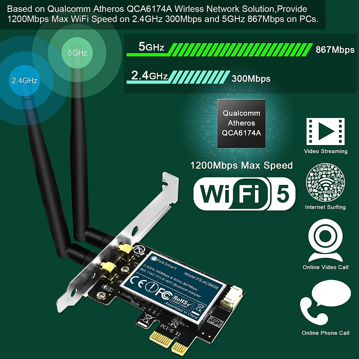 FebSmart Wireless-AC Dual Band 1200Mbps (2.4GHz 300Mbps and 5GHz 867Mbps) PCI Express WiFi Card for Windows XP, 7, 8.x, 10, 11 (32/64bit) and Windows Server Desktop PCs, PCIE WiFi Adapter (FS-AC86SE)