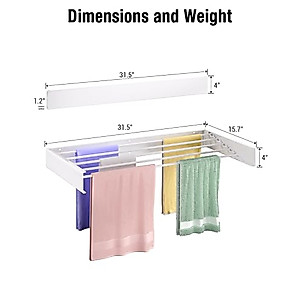 Laundry Drying Rack, 31.5" Wall Mounted Drying Rack, Collapsible Drying Rack with 60lbs Capacity, Space Saving Drying Rack with Wall Template, Screwdriver Bit & Drill Bit, White Upgrade