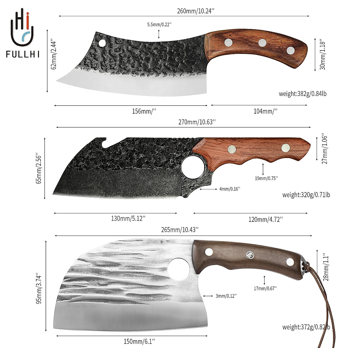 FULLHI 11pcs serbian chefs Knife Set - Hand Forged Boning Knife, High Carbon Steel Chef's Knife, Full Tang Bone Cleaver with Sheath, Serbian Cleaver for Outdoor Camping, BBQ, Kitchen