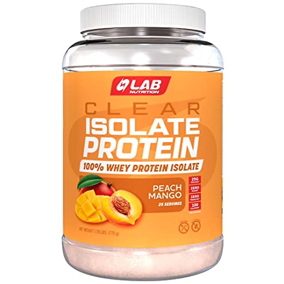 Lab Nutrition Advance Clear Isolate Protein, 100% Whey Protein Powder, Gluten Free, Zero Sugar, Keto Friendly, 25g Protein, 1.70 lb, Peach Mango Flavored - 25 Servings
