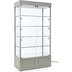 Displays2go, Tall Glass Showcase, Aluminum, Tempered Glass, Melamine – Silver, Clear (SMPLTW02SV)