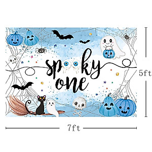 MEHOFOND 7x5ft Halloween Spooky One Backdrop Blue Watercolor Little Boo Baby Shower Photography Background for Boys Bat Spider Web Blue Pumpkin Skull Ghost Photo Shoot Props