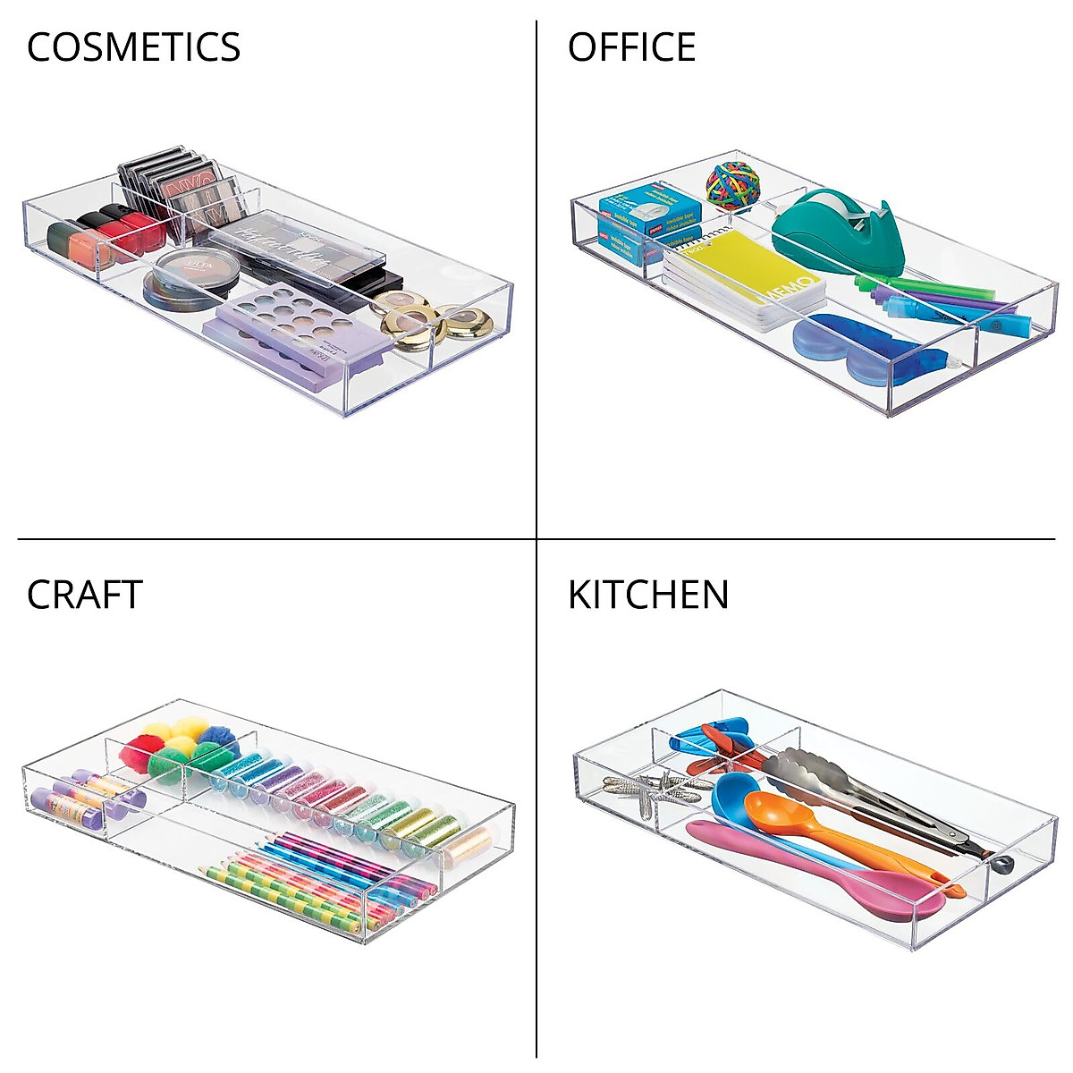 mDesign Plastic Divided Makeup Organizer Holder Tray for Bathroom Drawer, Vanity, Countertop Storage - Cosmetic Organization Holds Palettes, Brushes, Accessories - Lumiere Collection - Clear