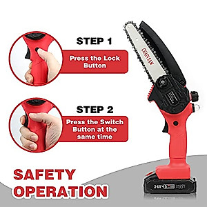 AUGKLE Mini Chainsaw Cordless 6' Electric Prunning Kit with 2Pack Upgraded 24V Battery Quick Charger for 2H+ Use & 2 Chains, Portable Garden Bush Branch Pruning Wood Cutting, Red