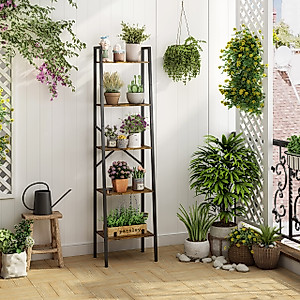 Hoctieon Industrial Ladder Bookshelf, Multifunctional Ladder Shelf, 5-Tier Tall Bookshelf, Open Ladder Shelf Bookcase, for Living Room, Home Office, Kitchen, Bedroom, Metal Frame, Rustic Brown