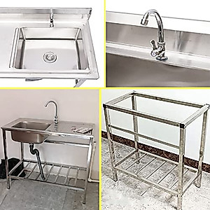 Free Standing Utility Sink Stainless Steel Single Bowl Sink Set, Commercial Kitchen Prep & Workbench Sink, With Storage Shelves & Drainer Unit Faucet Combo