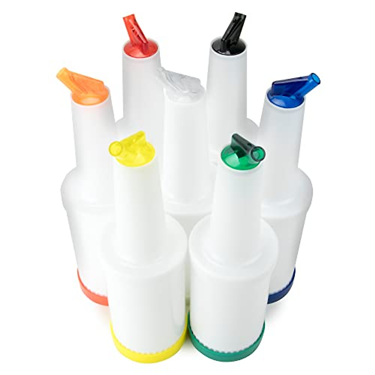 Cocktailor 32 FL OZ. Colorful Juice Pouring Spout Bottle | Plastic Barware for Bars & Event | 7 Count - 1 Bottle per Color