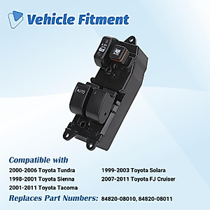 AiYiGu Power Window Switch Master Control Button Driver Side Compatible with Toyota Tundra 2000-2006/Tacoma 2001-2011/Sienna 98-01/Solara 99-03/FJ Cruiser 07-11 Replaces OEM 84820-08010 84820-10100A