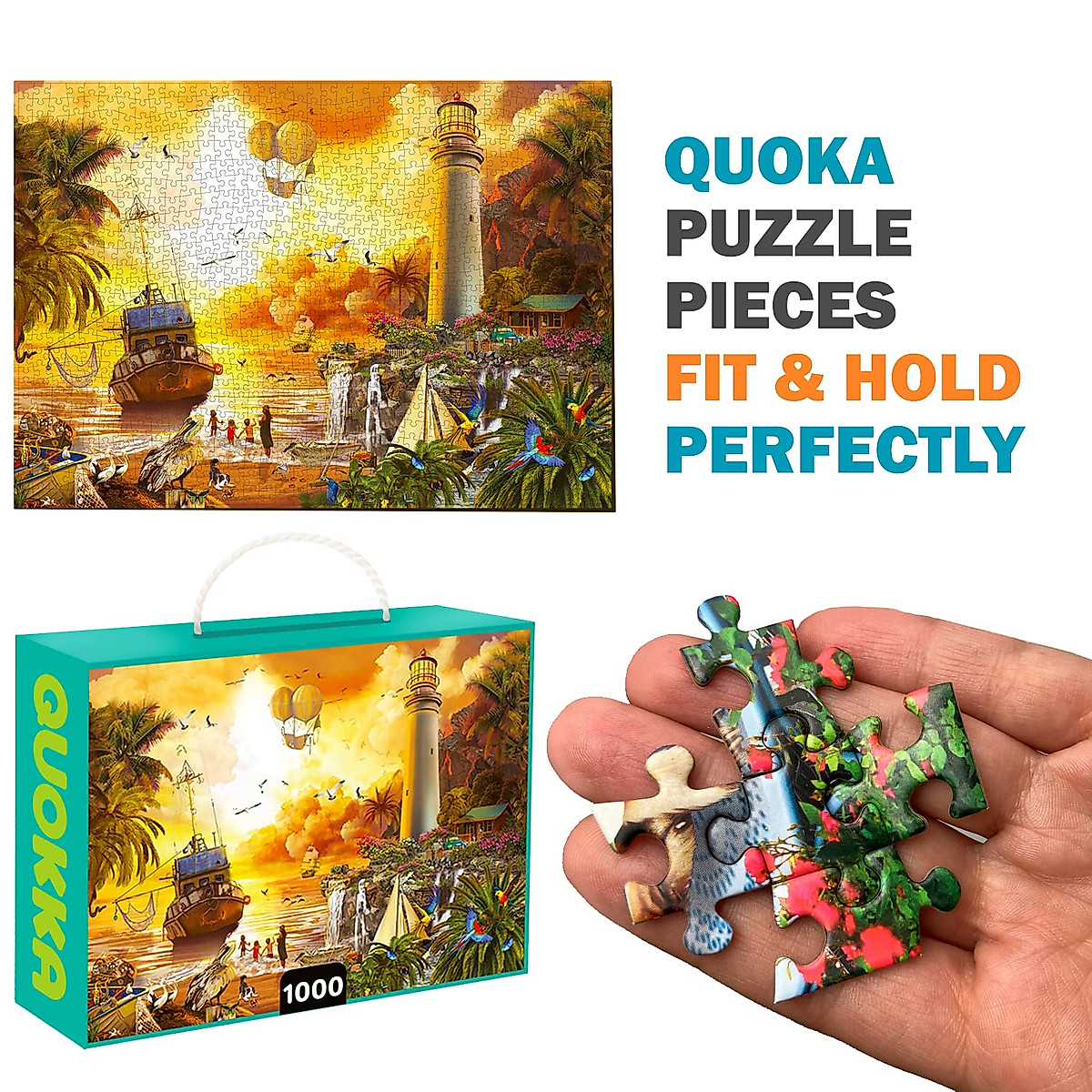 QUOKKA Puzzles for Adults 1000 Pieces and Up - 3 Pack of 1000 Piece Puzzles for Kids Ages 8-10-12 - Enjoy Market, Lighthouse and Camping Designs for Women and Men