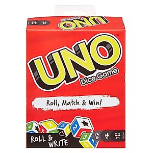 Mattel Games ​UNO Family Dice Game, with 6 Dice, 4 Dry Erase Boards and 4 Markers, Makes A Great Gift for 7 Year Olds and Up