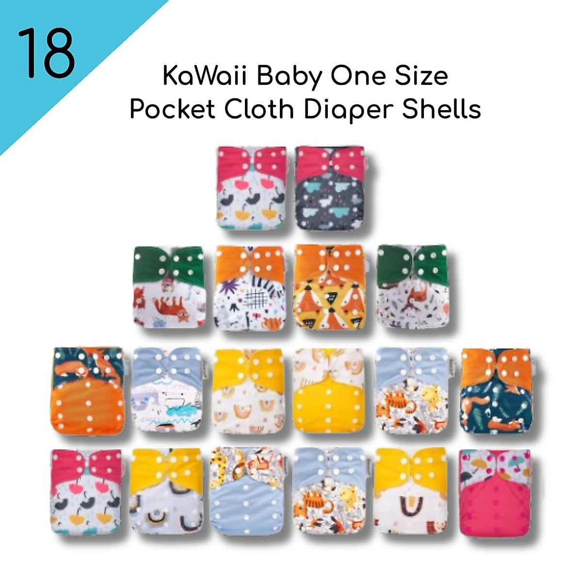 KaWaii Baby 18 One Size Cloth Diaper Shells, Adjustable Washable Reusable Waterproof Pocket Diaper Shells use with One Size Cloth Diapers 8-36 lbs