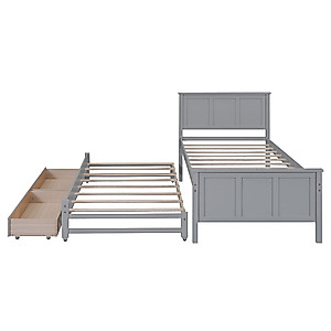 Merax Wood Bed with Trundle and 2 Drawers Twin Daybed Frame for Kids Teens Adults/No Box Spring Needed Grey