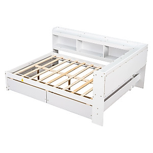 Aiuyesuo Full Size Platform Bed with L-Shaped Storage Shelfs and Bookcases, Pine Wood Day Bed with 2 Storage Drawers for Office/Living Room/Bedroom, Maximize Space (White)