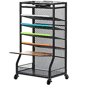ThreeHio 7 Tier File Organizer Beside Desk, Rolling File Cart with Sliding Trays, Metal Free-Standing File Holder, Mesh Paper Organizer Letter Tray Desk Organizer for Office, Home, School (Patent)